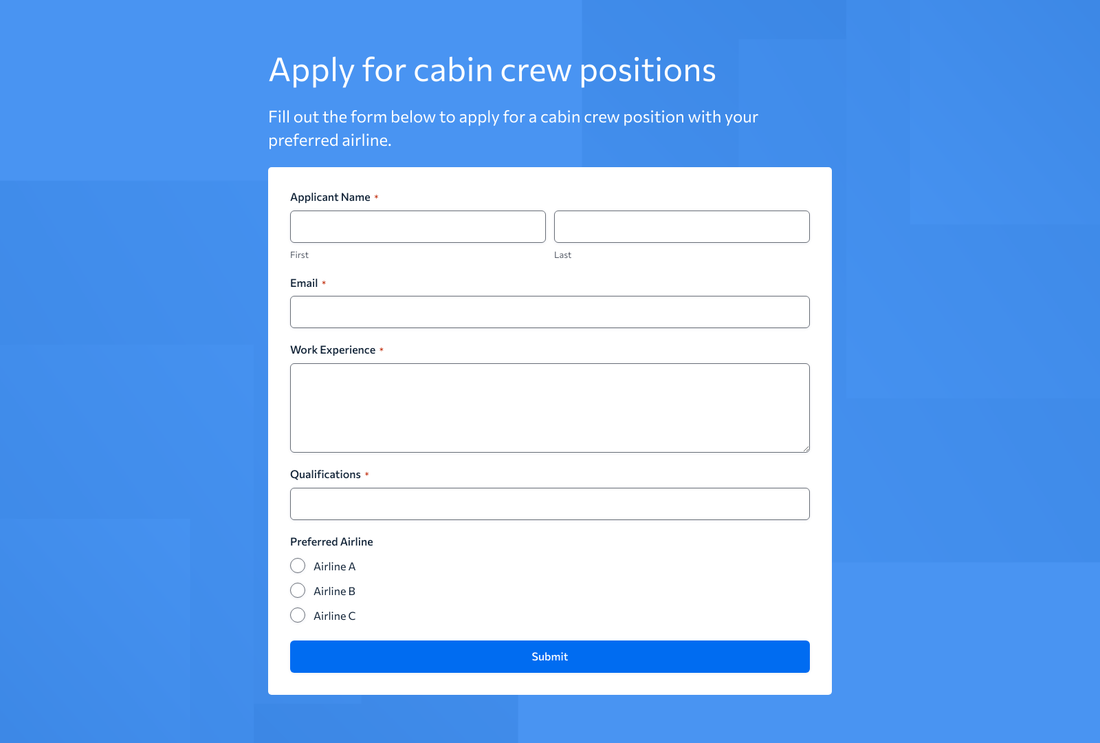 Airline Cabin Crew Job Application Form Template – Woorise