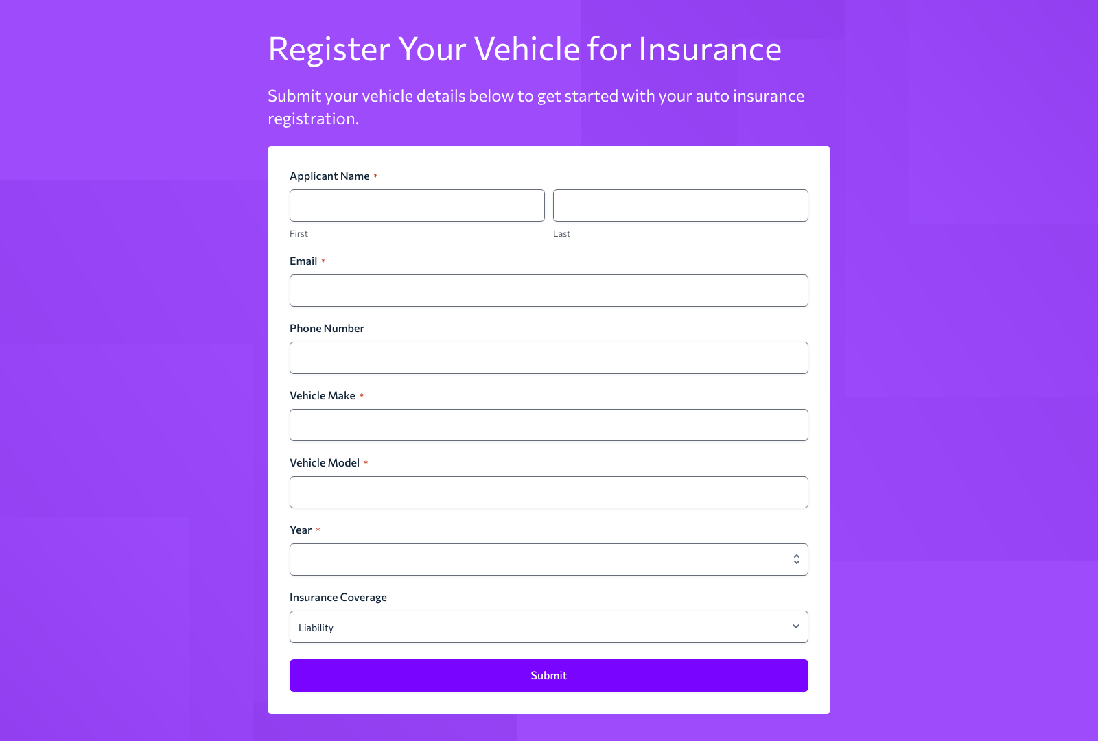 Auto Insurance Registration Form Template – Woorise