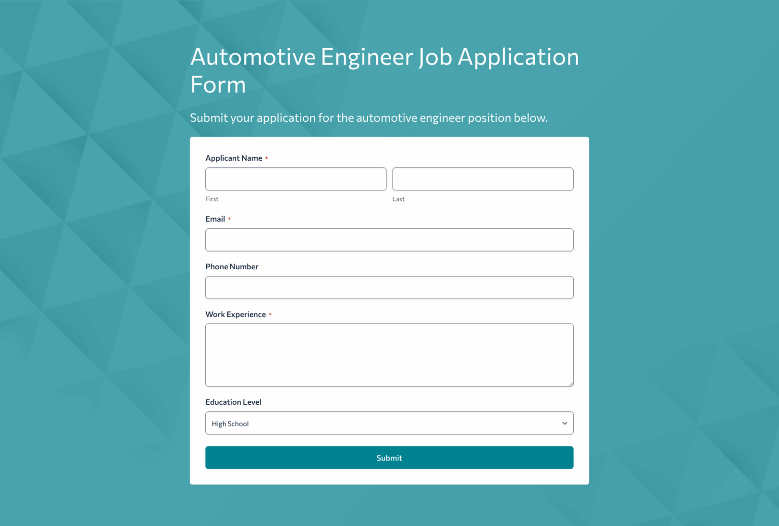 Automotive Engineer Job Application Form Template – Woorise