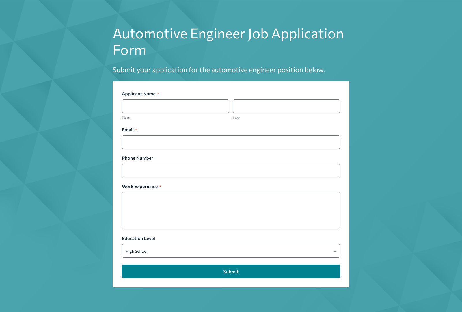 Automotive Engineer Job Application Form Template – Woorise