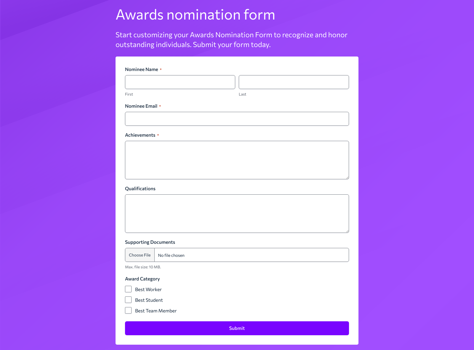 Awards Nomination Form Template – Woorise