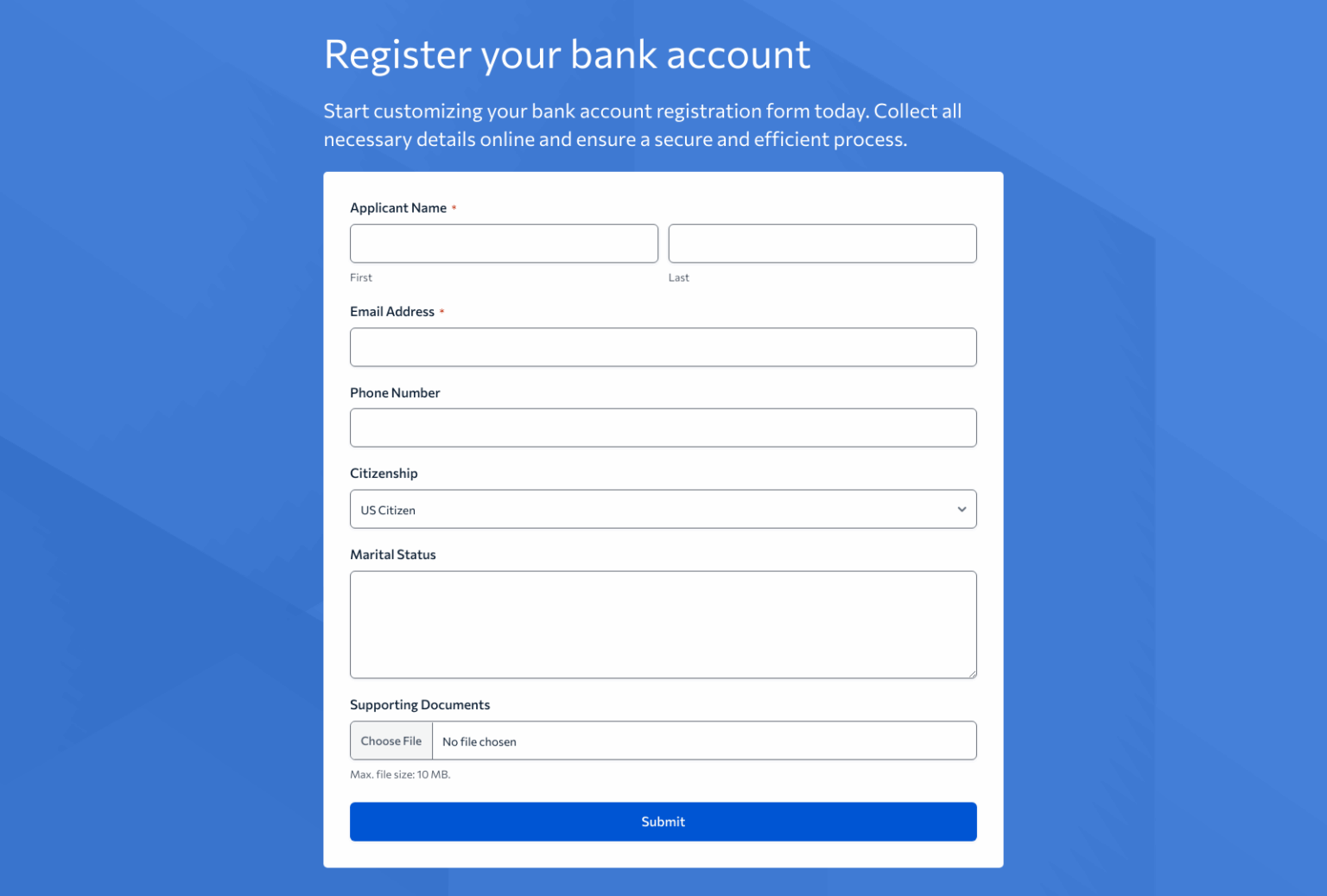 Bank Account Registration Form Template – Woorise