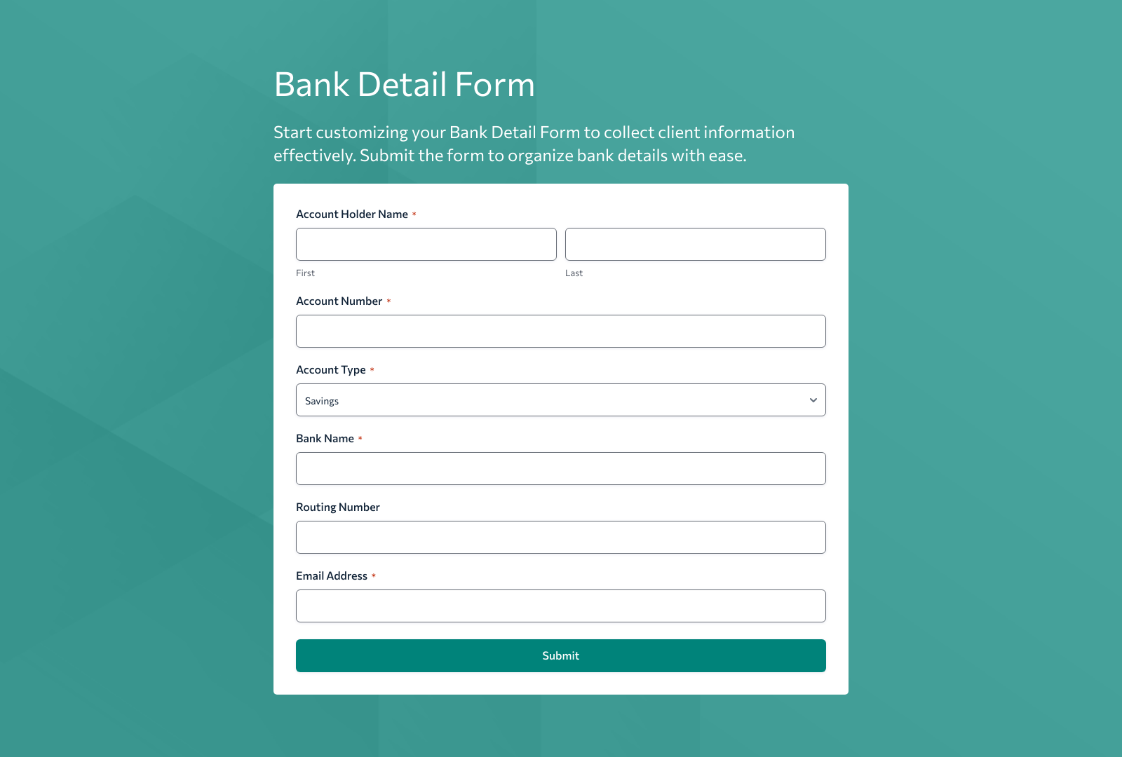 Bank Detail Form Template – Woorise