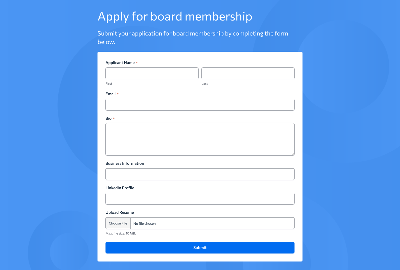 Board Of Directors Application Form Template – Woorise