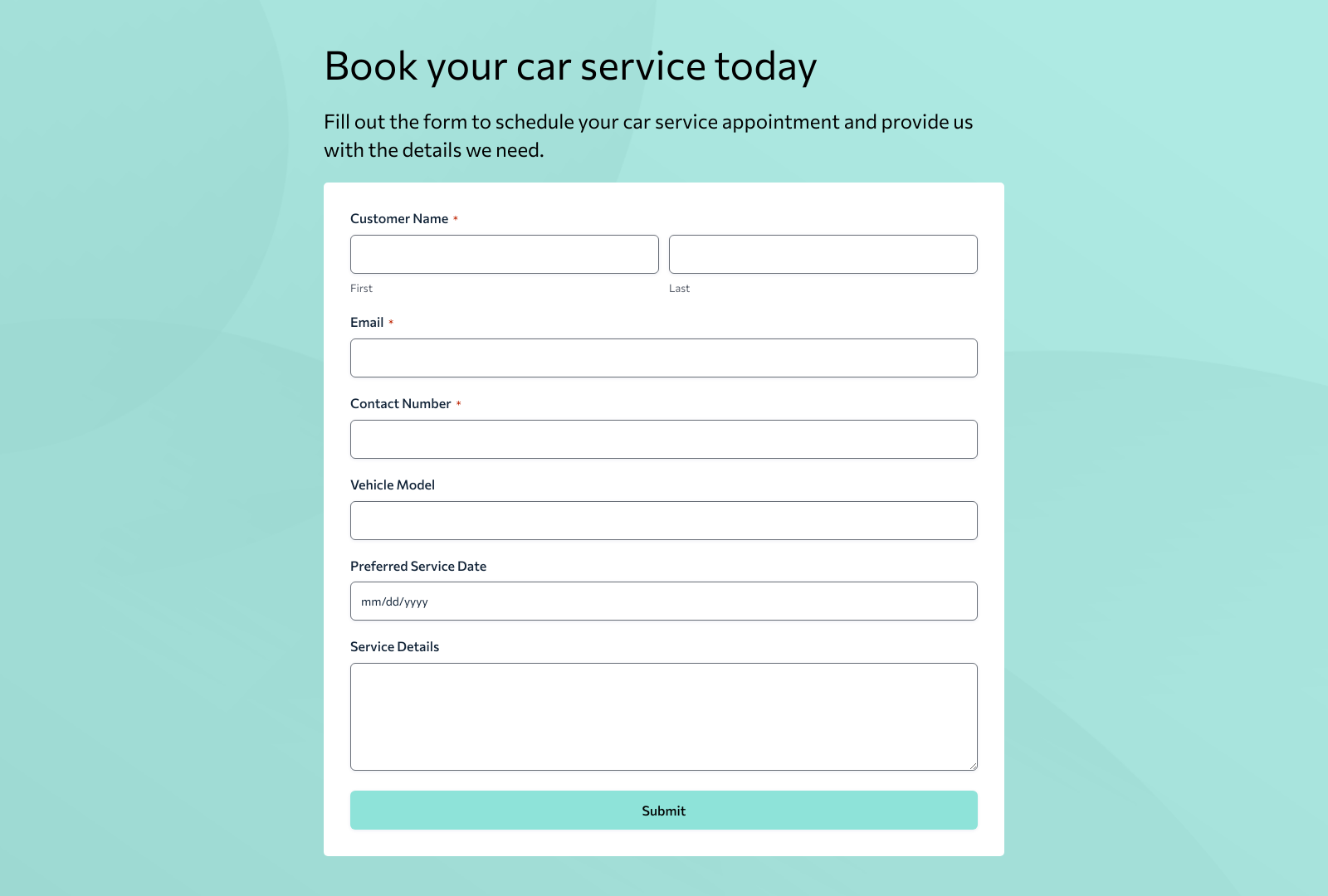 Car Service Form Template – Woorise