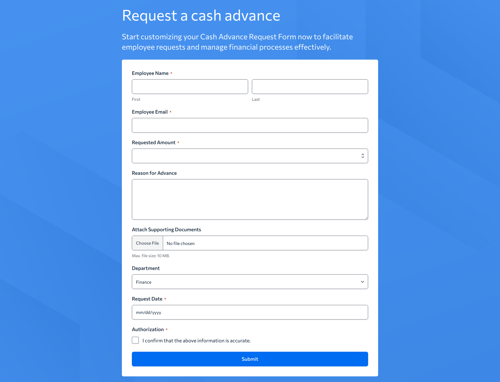 Cash Advance Request Form Template – Woorise
