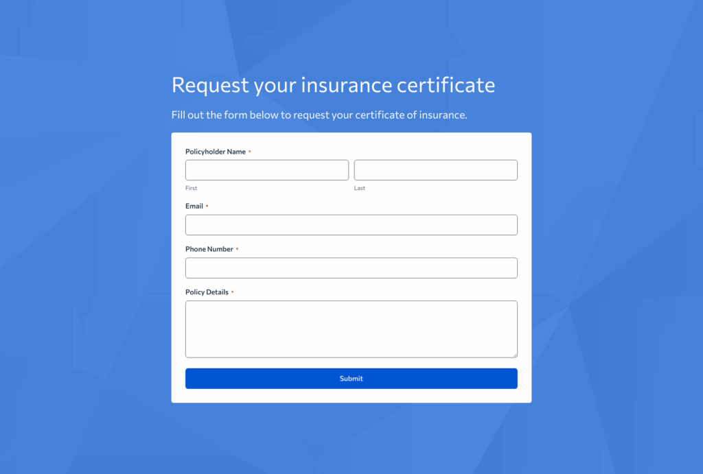 Certificate Of Insurance Request Form Template – Woorise