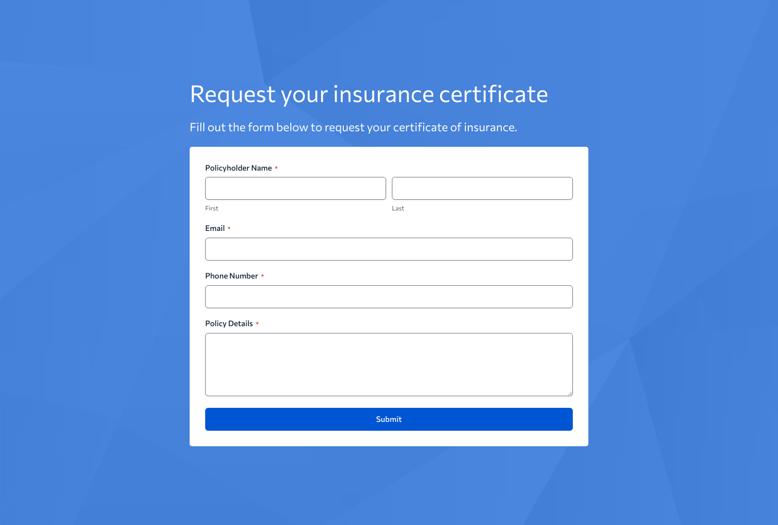 Certificate Of Insurance Request Form Template – Woorise