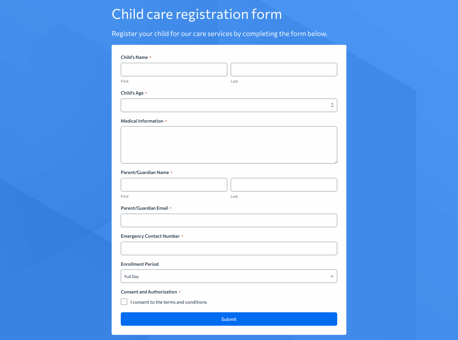 Child Care Registration Form Template – Woorise