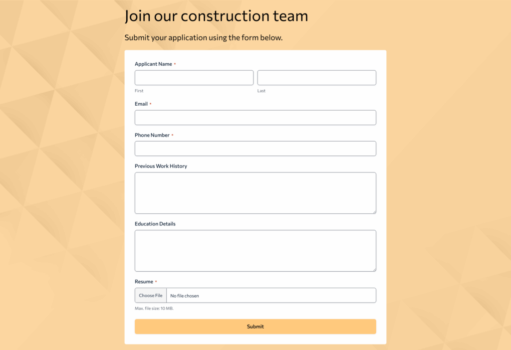 Construction Job Application Form Template – Woorise