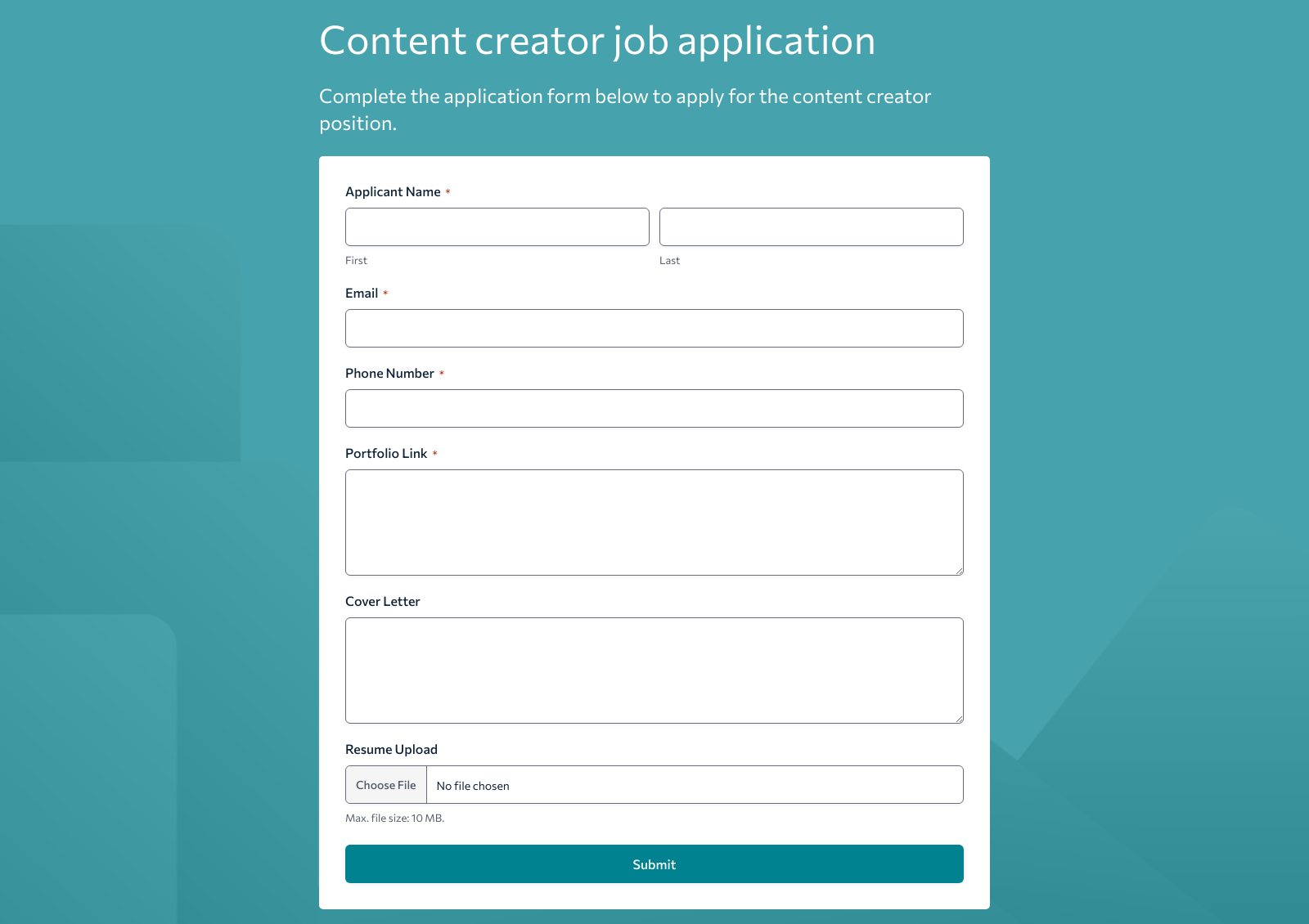Content Creator Job Application Form Template – Woorise