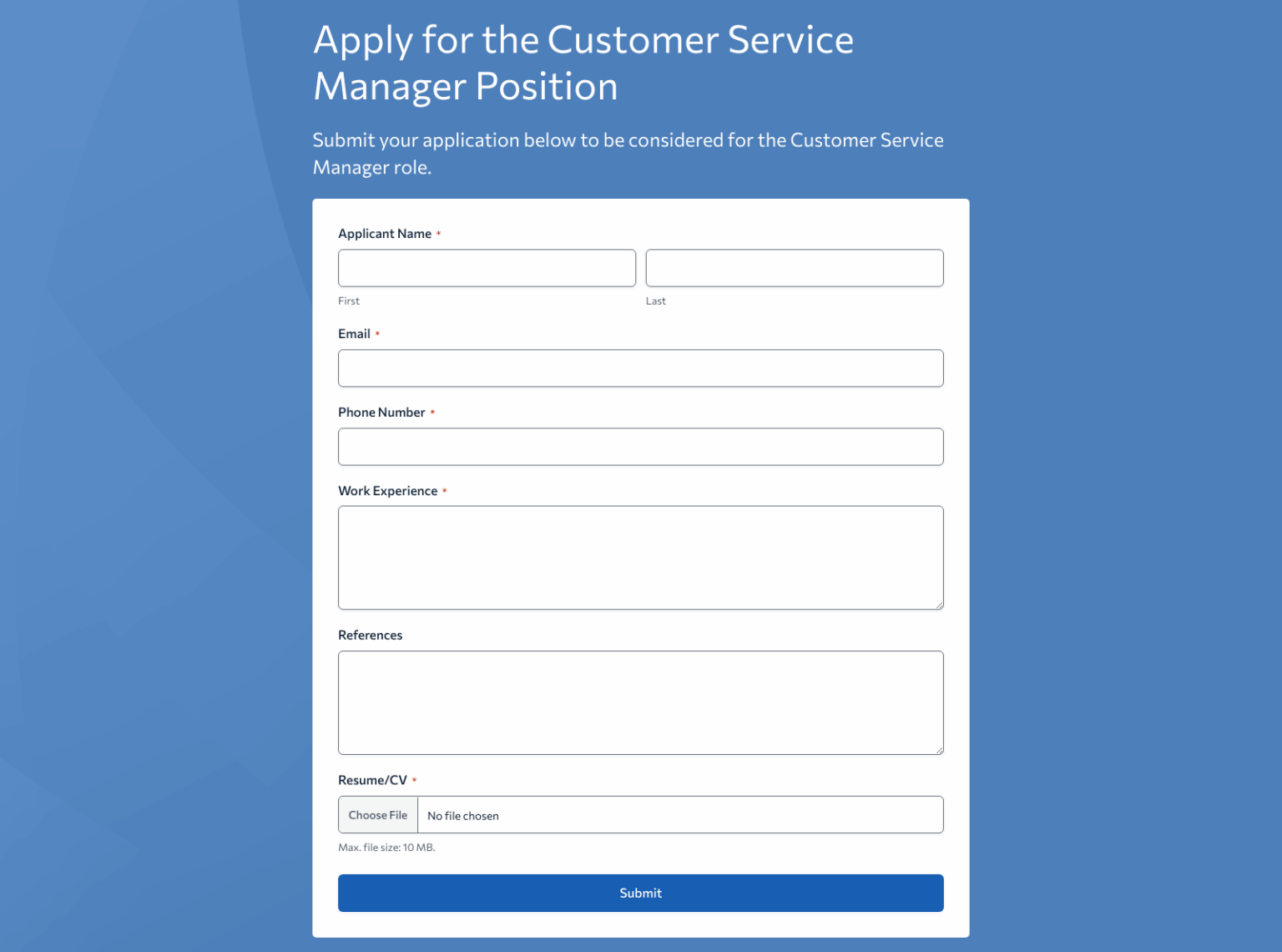 Customer Service Manager Job Application Form Template – Woorise