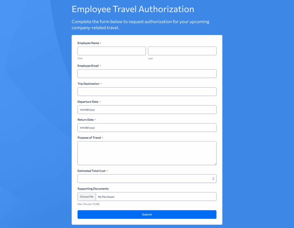 Employee Travel Authorization Form Template – Woorise