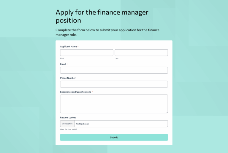Finance Manager Job Application Form Template – Woorise