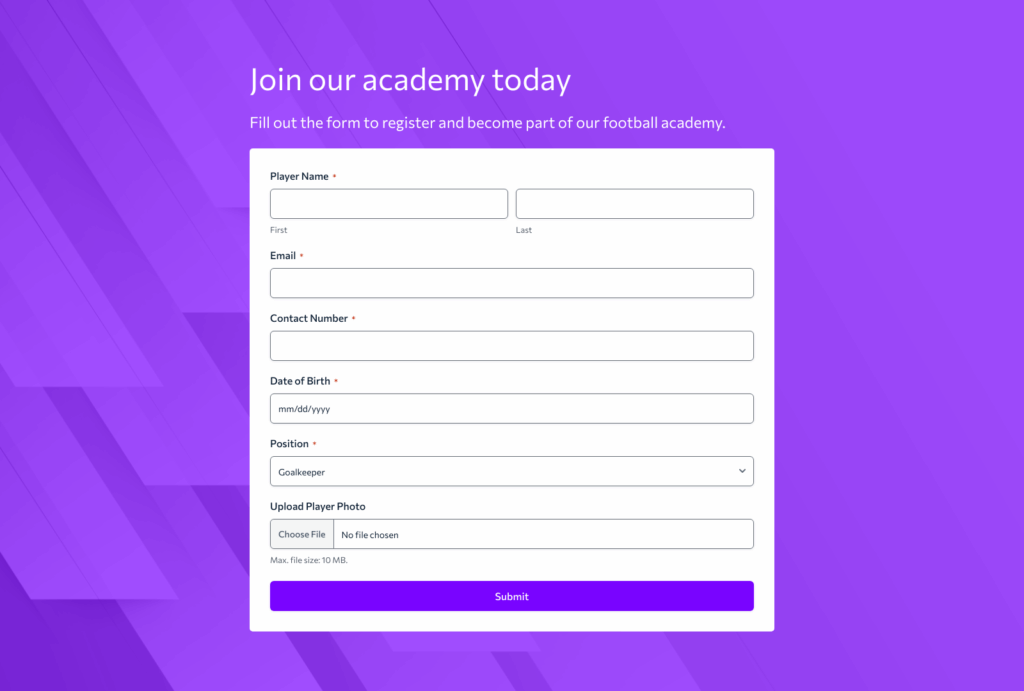 Football Academy Registration Form Template – Woorise