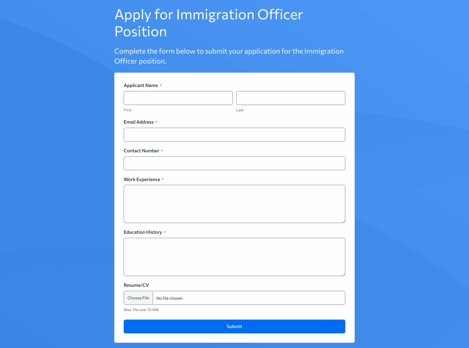 Immigration Officer Job Application Form Template – Woorise