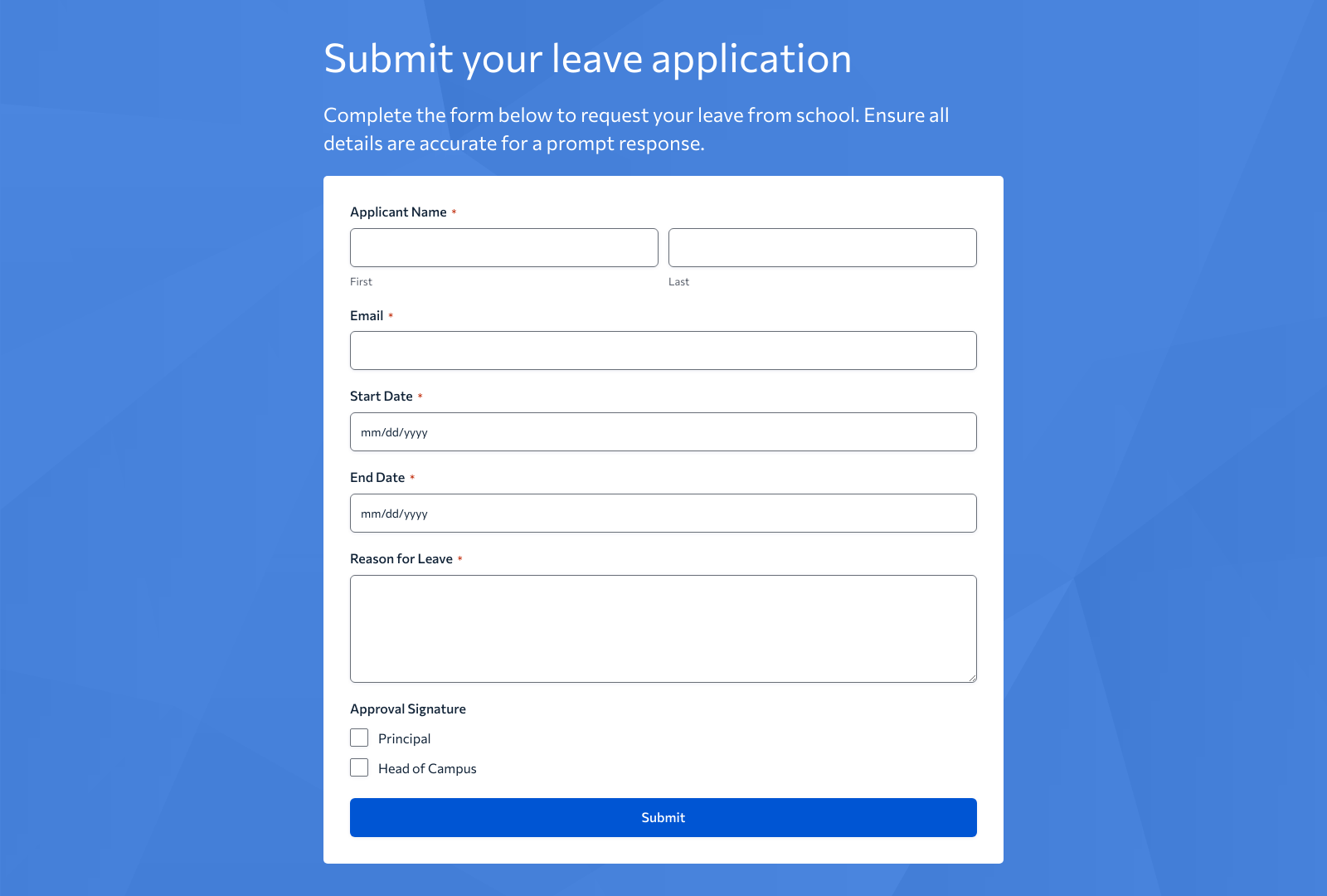 Leave Application Form For School Form Template – Woorise