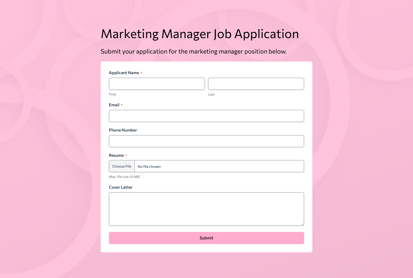 Marketing Manager Job Application Form Template – Woorise