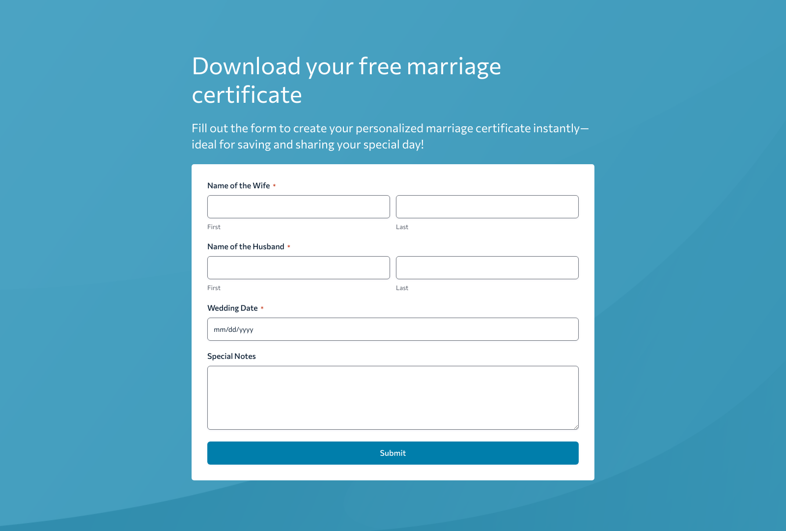 Marriage Certificate Form Template – Woorise