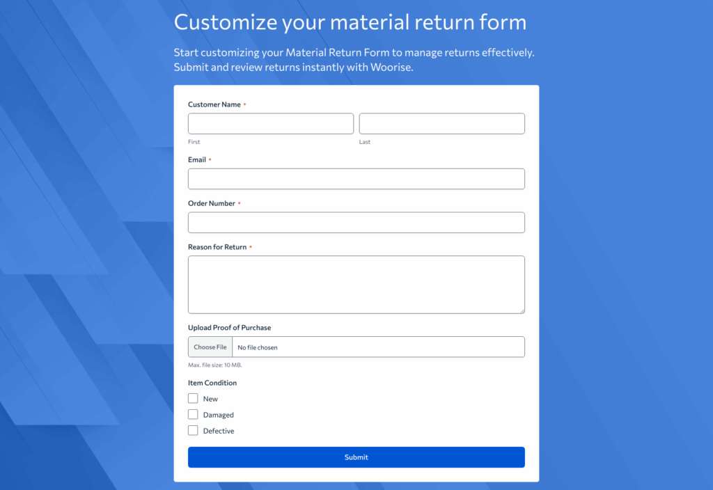 Material Return Form Template – Woorise