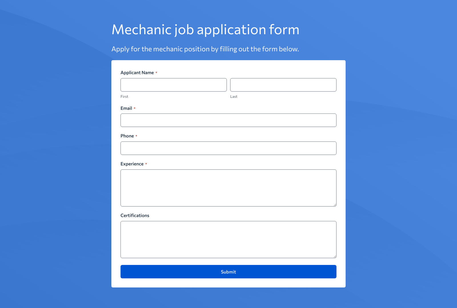 Mechanic Job Application Form Template – Woorise