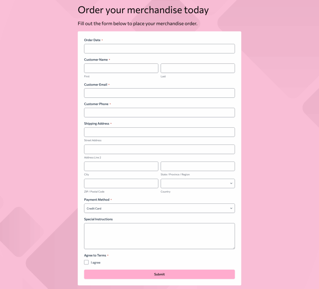 Merchandise Order Form Template – Woorise