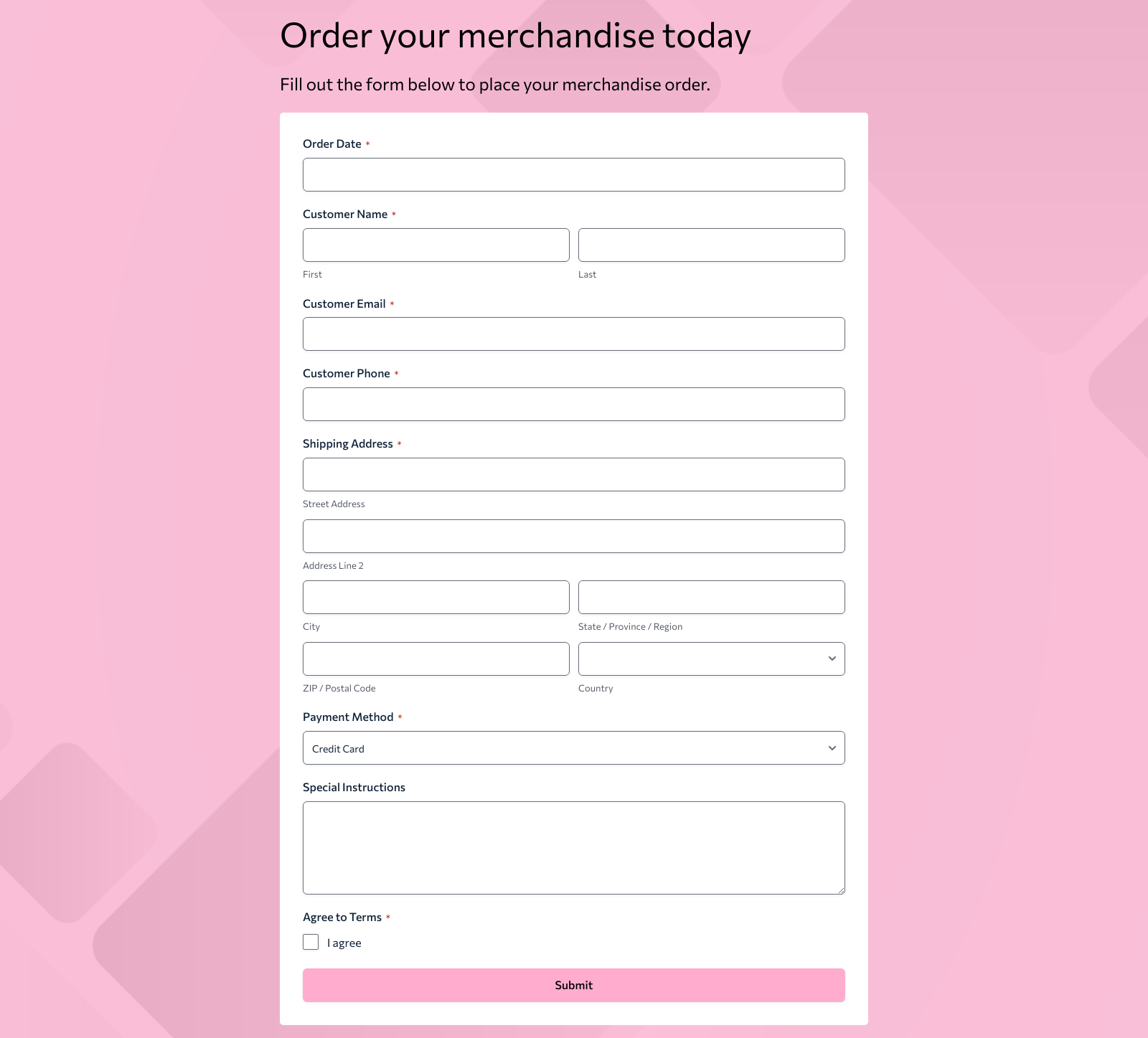 Merchandise Order Form Template – Woorise