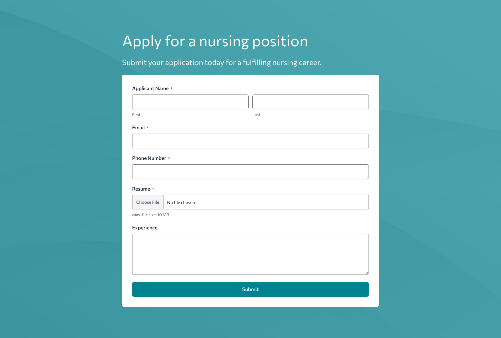 Nurse Job Application Form Template – Woorise