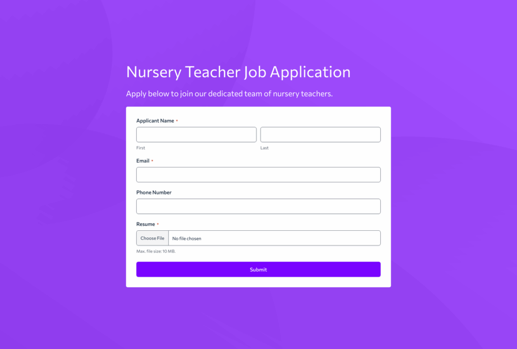 Nursery Teacher Job Application Form Template – Woorise