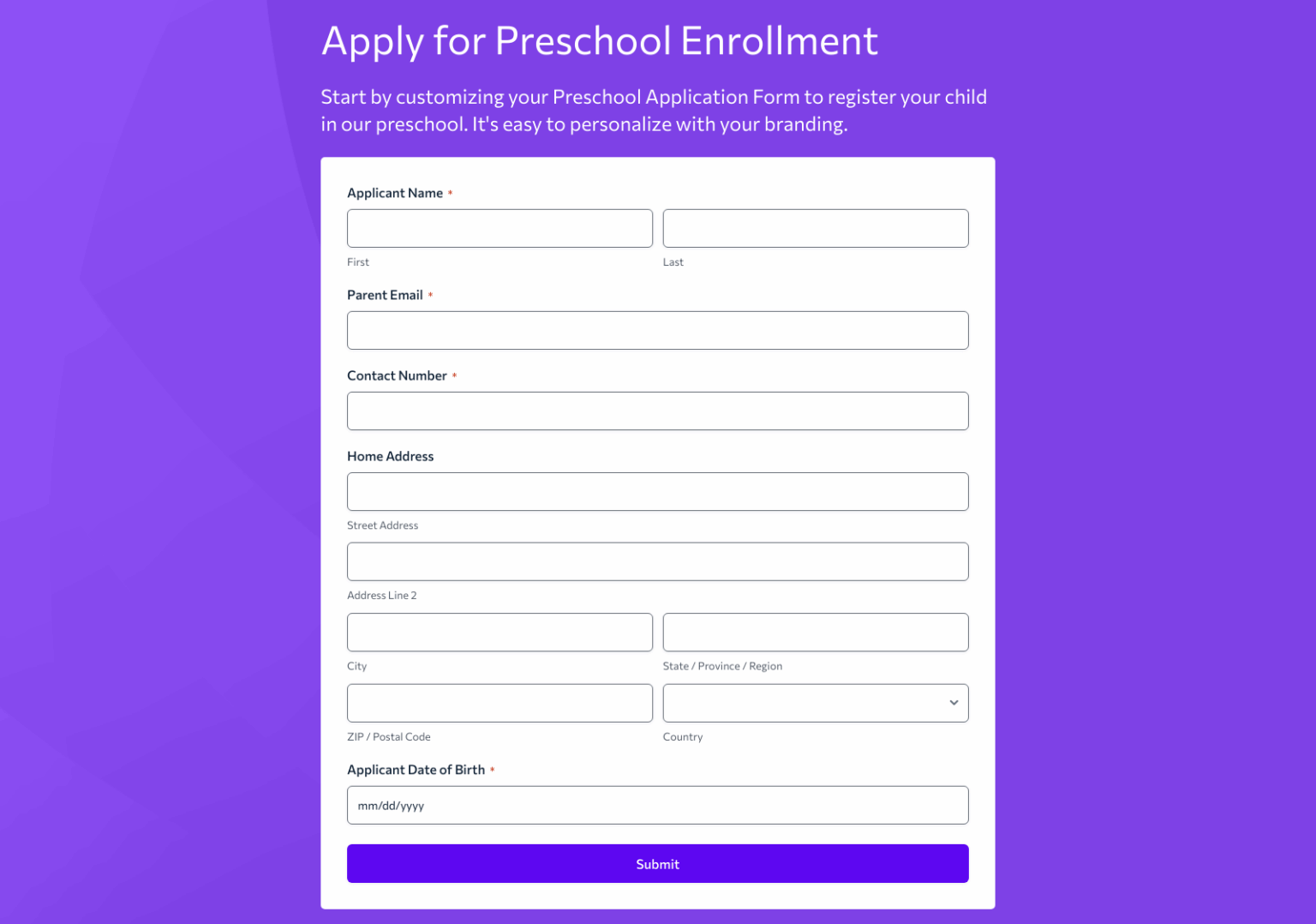 Preschool Application Form Template – Woorise