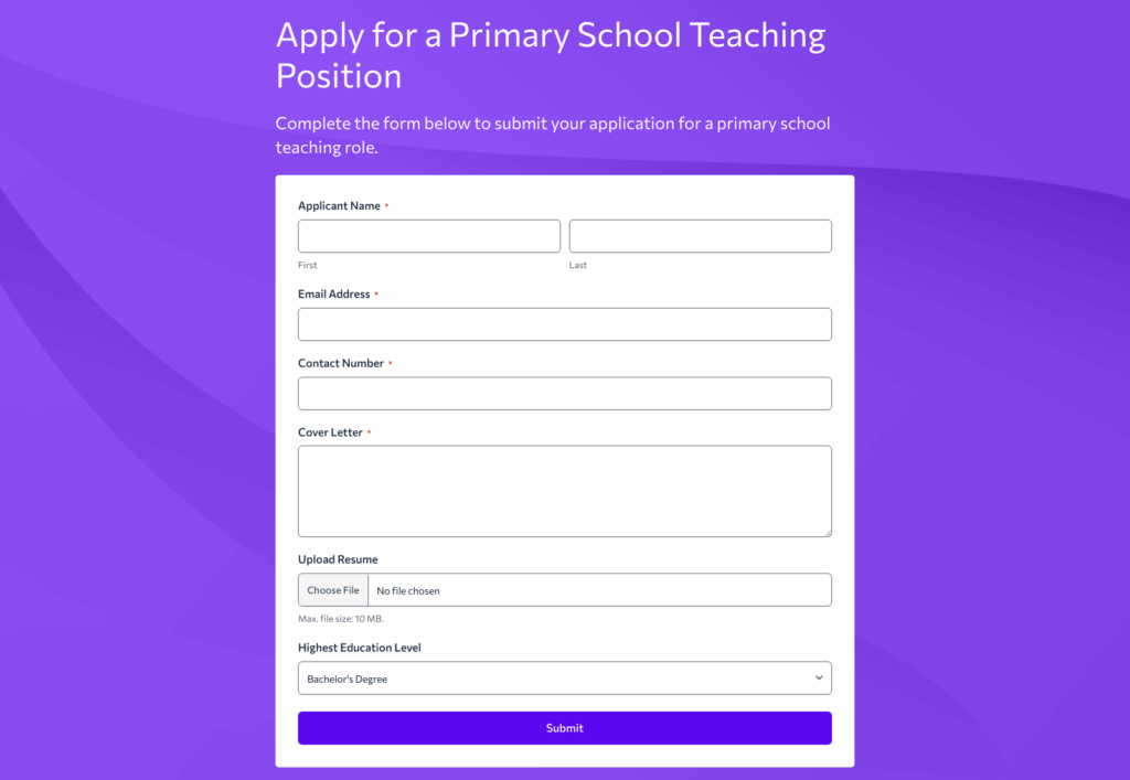 Primary School Teacher Job Application Form Template – Woorise