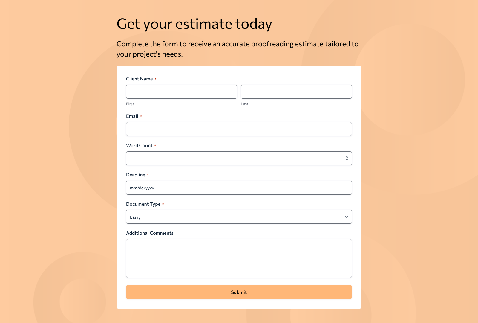 Proofreader Estimate Form Template – Woorise