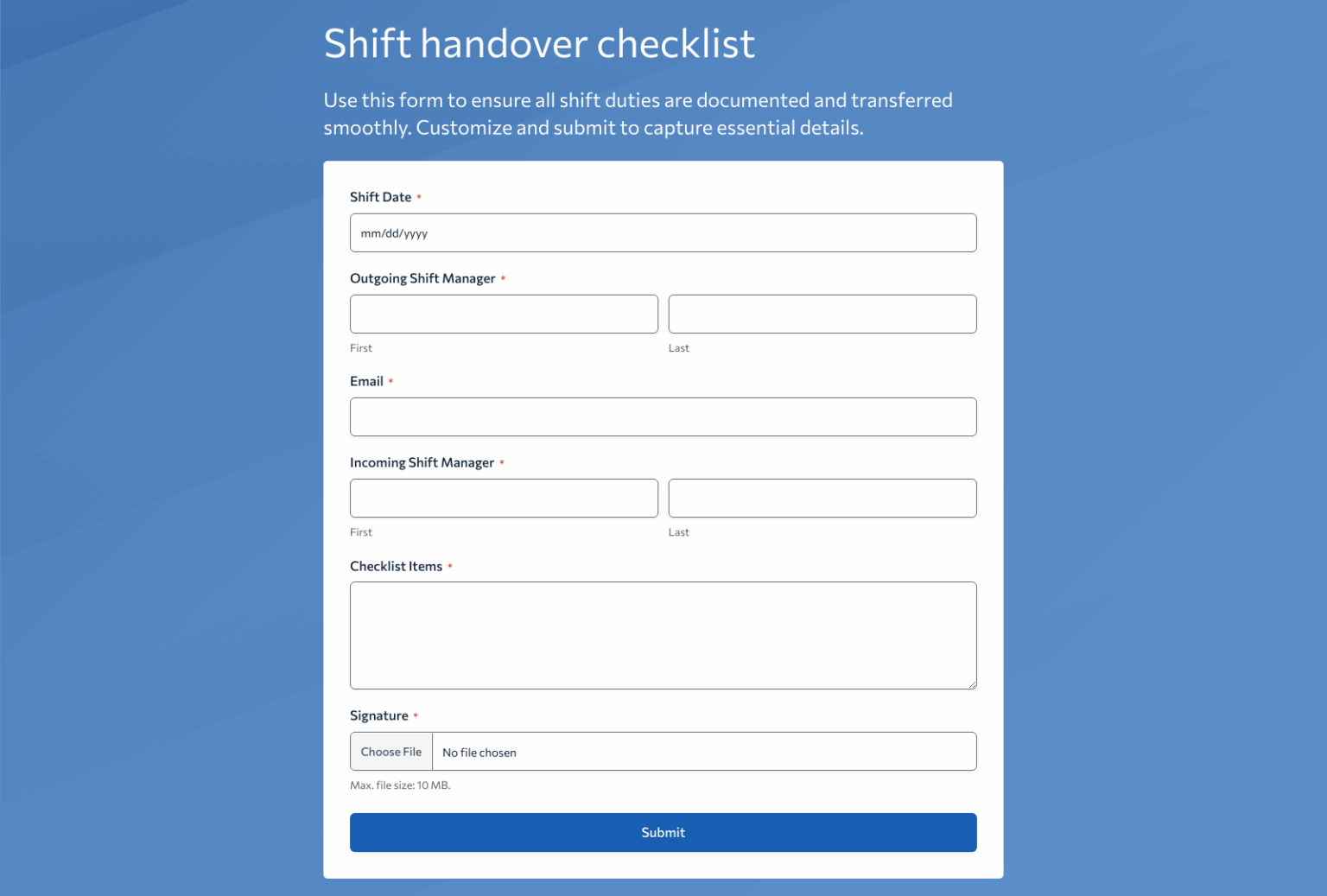 Shift Handover Checklist Form Template – Woorise