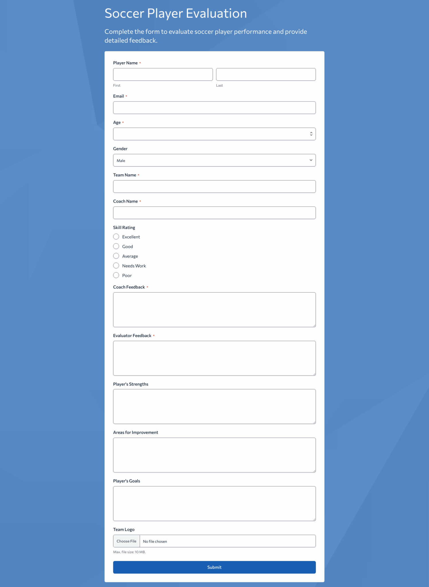 Soccer Player Evaluation Form Template – Woorise