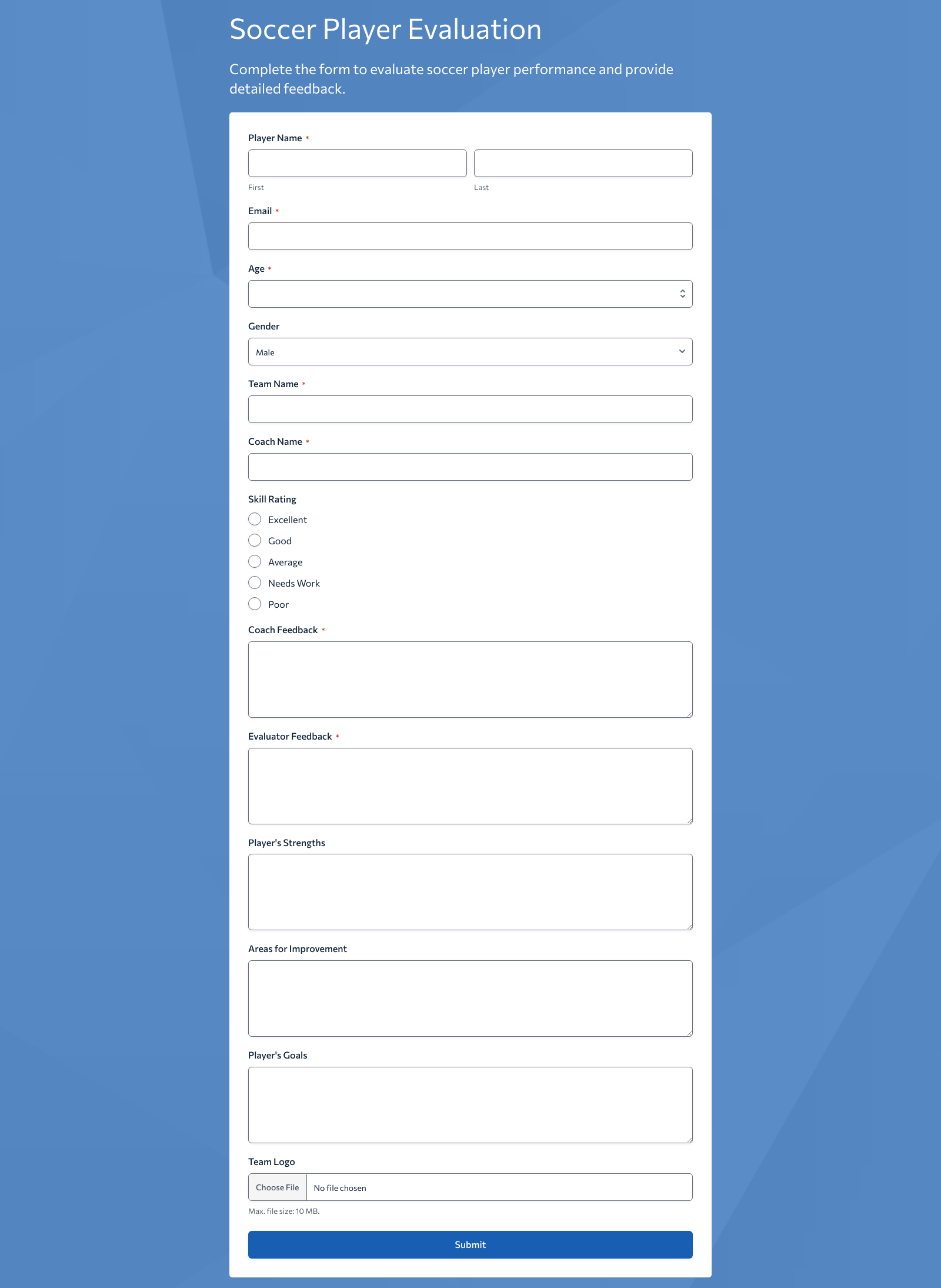 Soccer Player Evaluation Form Template – Woorise