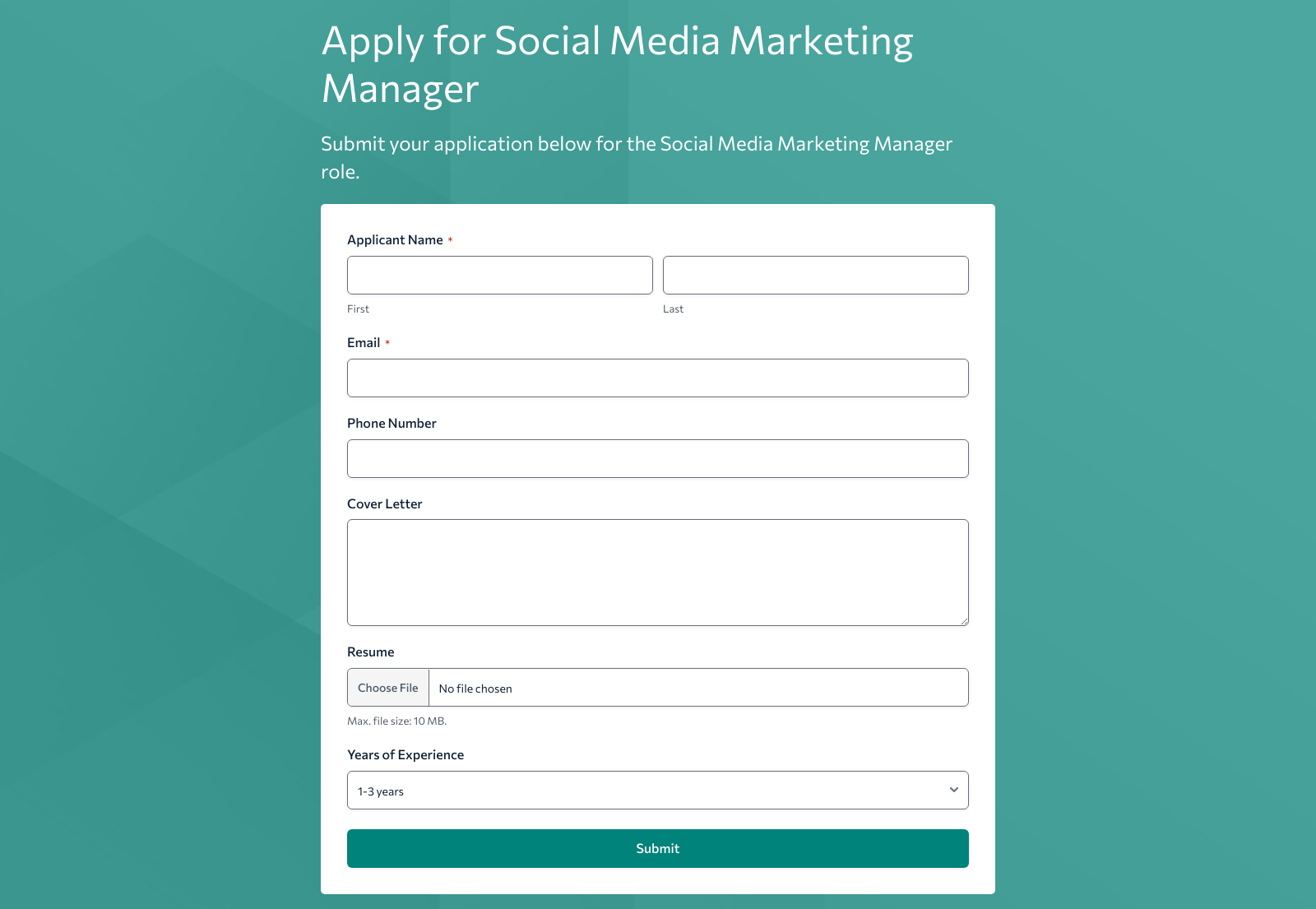 Social Media Marketing Manager Job Application Form Template – Woorise