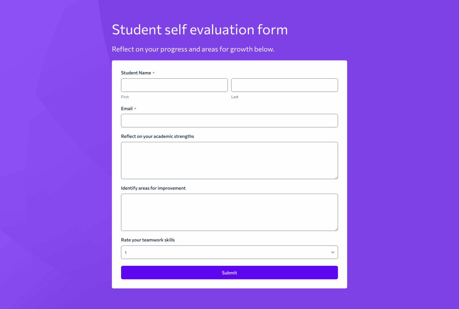 Student Self Evaluation Form Template – Woorise