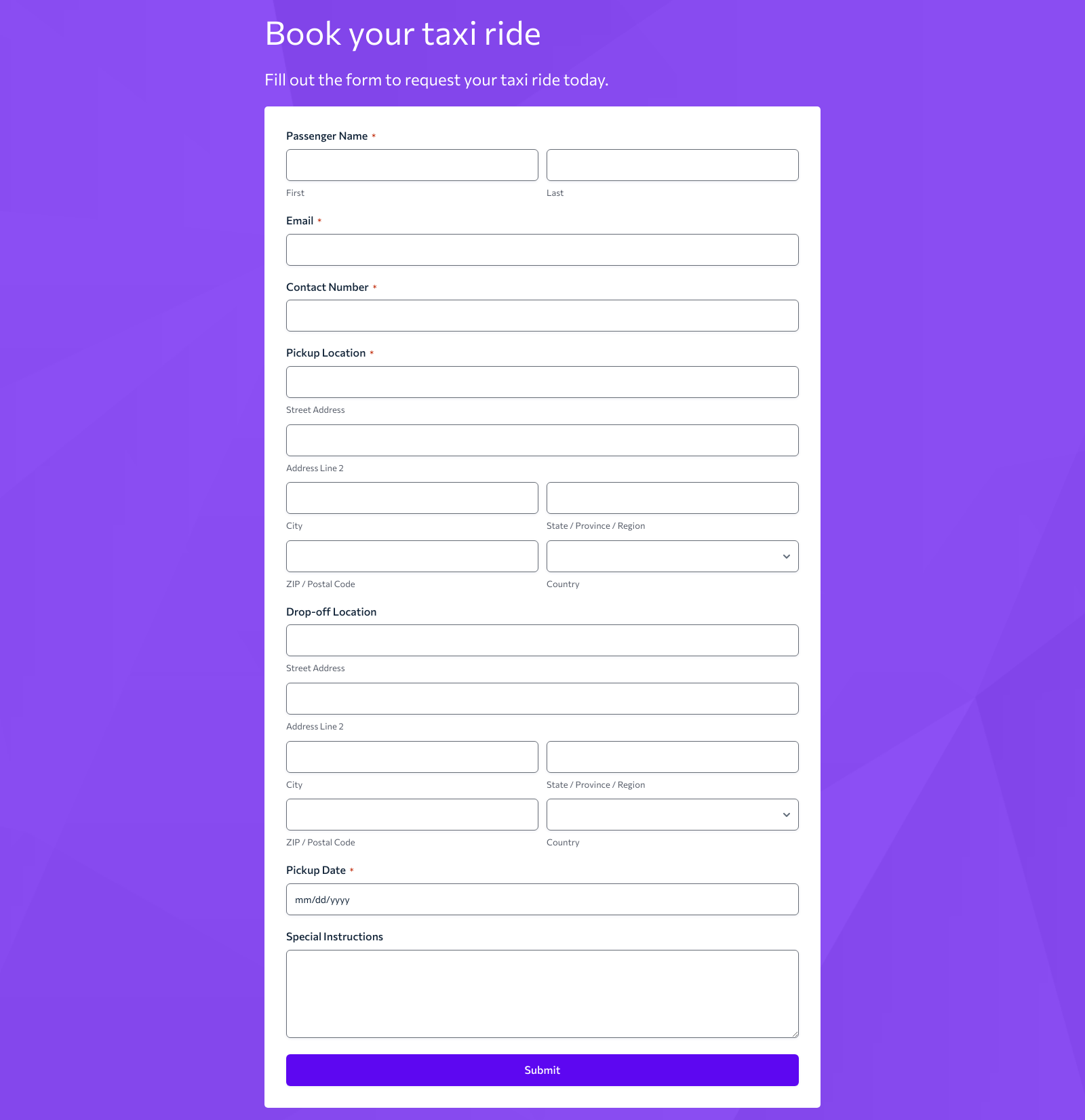 Taxi Booking Form Template – Woorise