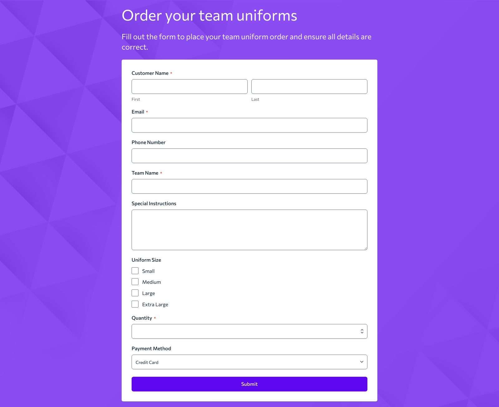 Team Uniform Order Form Template – Woorise