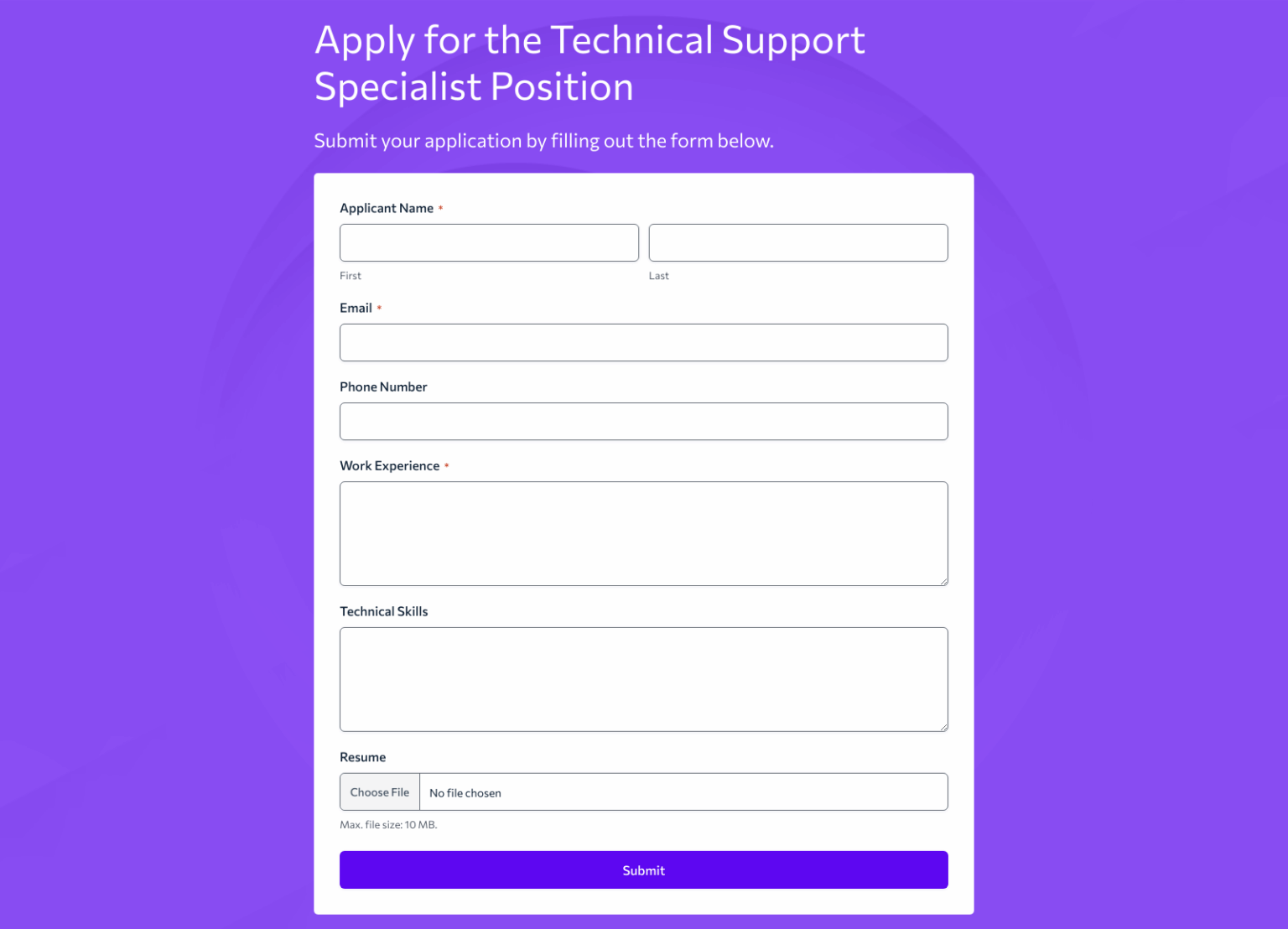 Technical Support Specialist Job Application Form Template – Woorise
