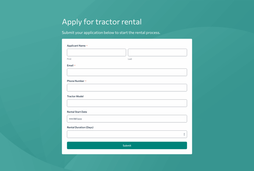 Tractor Rental Application Form Template – Woorise