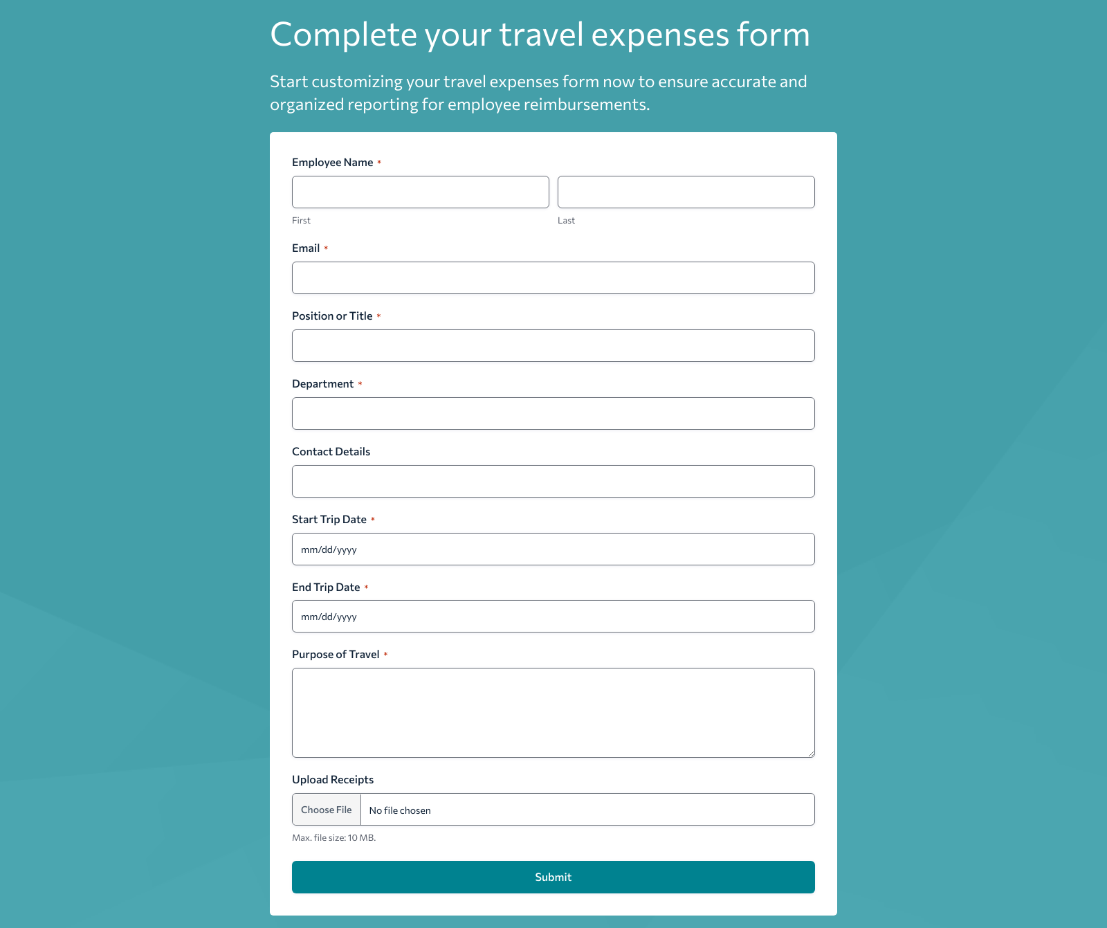 Travel Expenses Form Template – Woorise