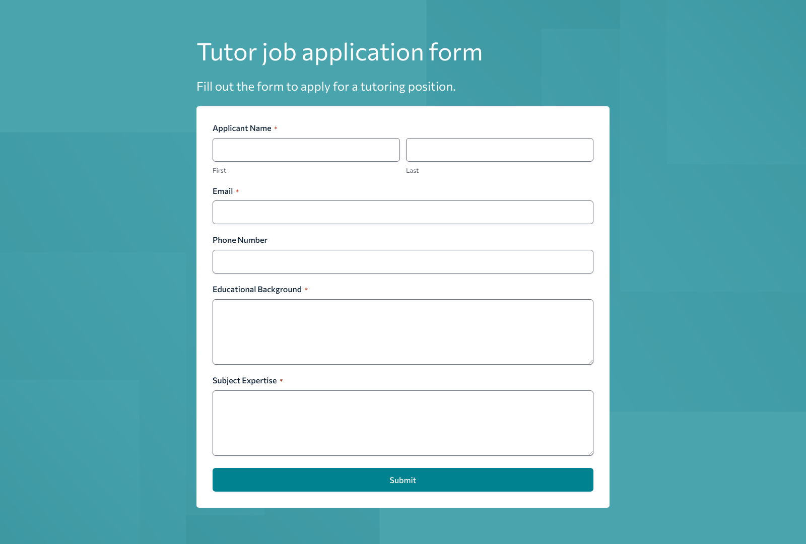 Tutor Job Application Form Template – Woorise