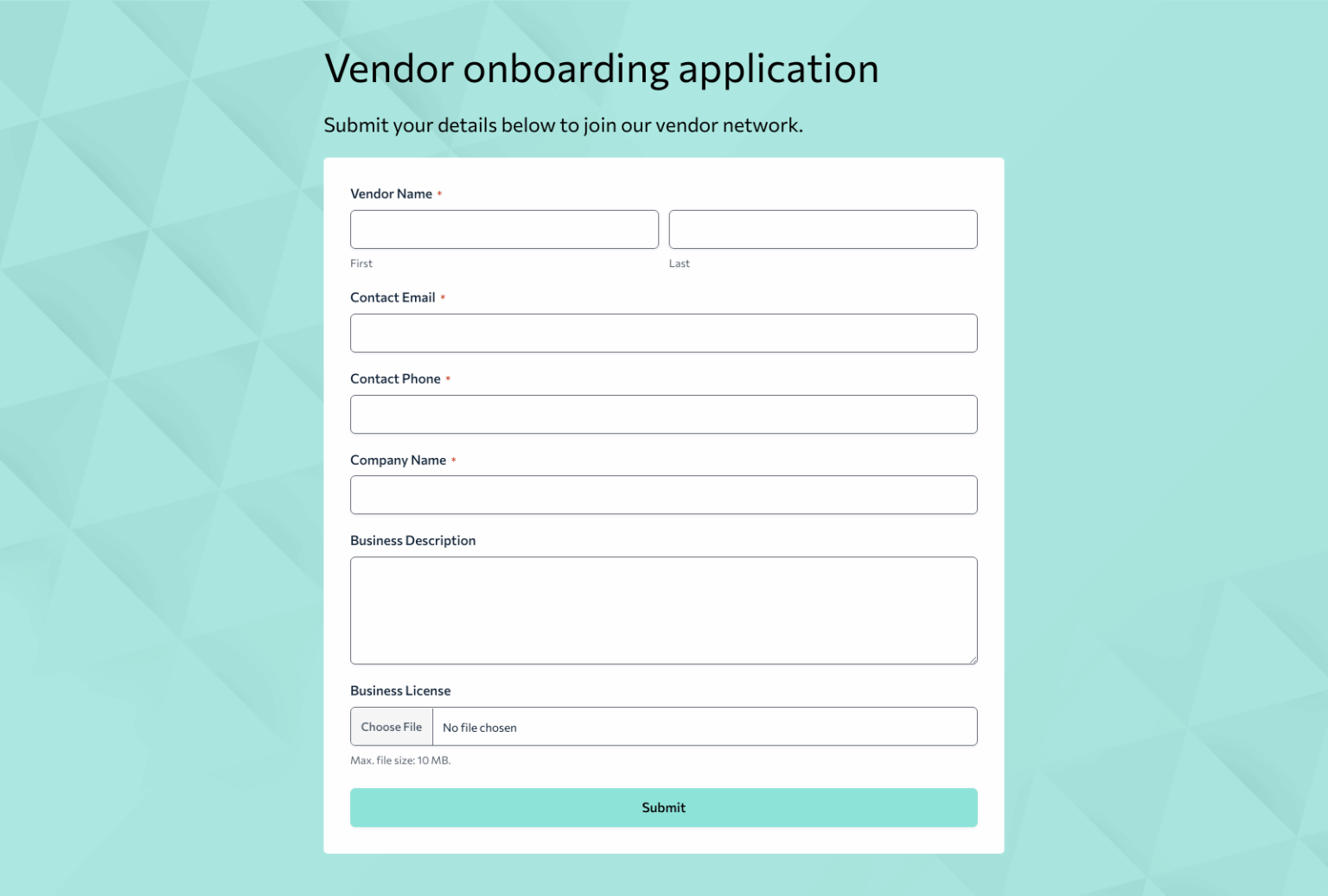 Vendor Onboarding Application Form Template – Woorise