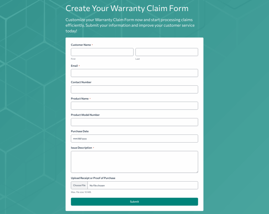 Warranty Claim Form Template – Woorise