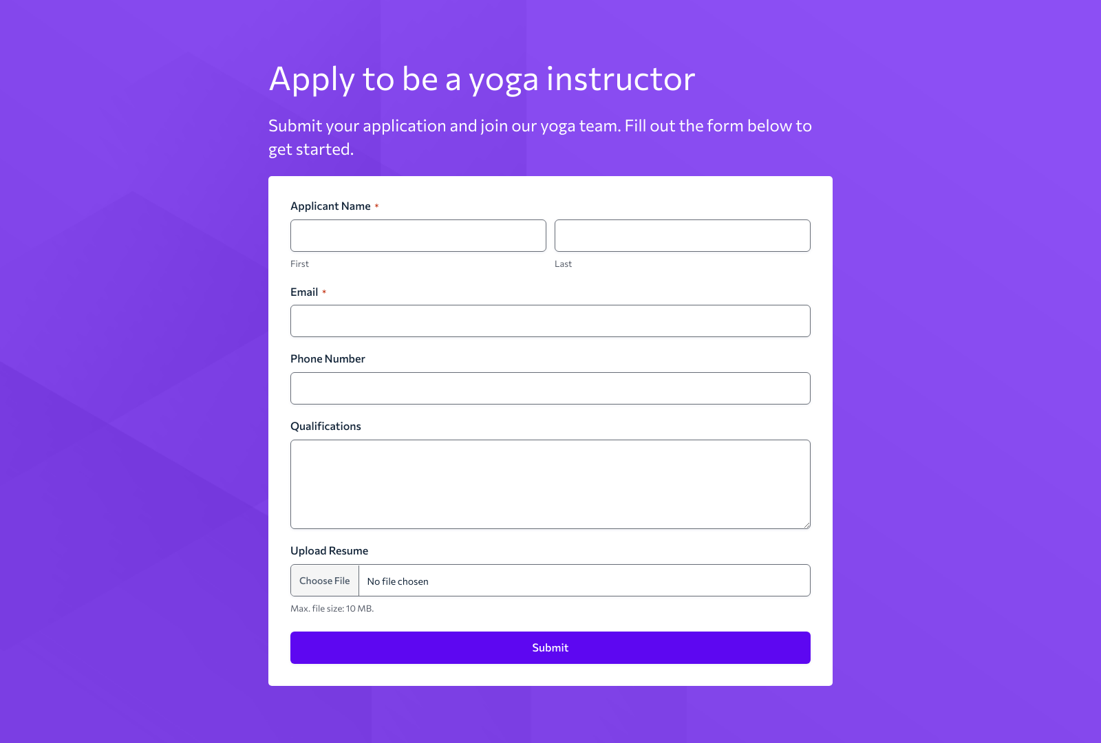 Yoga Instructor Job Application Form Template – Woorise